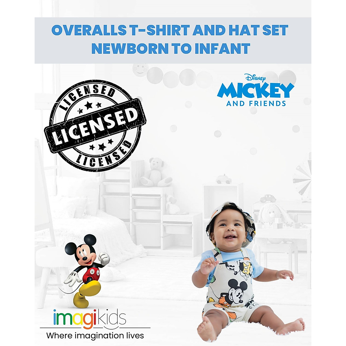 Disney Mickey Mouse Newborn Baby Boys Short Overalls T-Shirt and Hat 3 Piece Outfit Set Khaki/Blue 6-9 Months