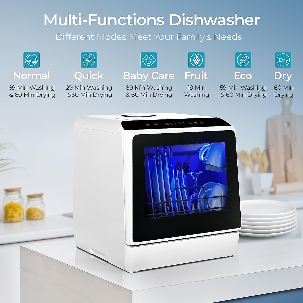 EUHOMY Mini Portable Dishwasher Countertop Compact Dishwashers, Tabletop Small Dishwasher with 5L Built-in Water Tank with 6 Modes and Baby Care for Apartments& RVs, No Hookup Needed