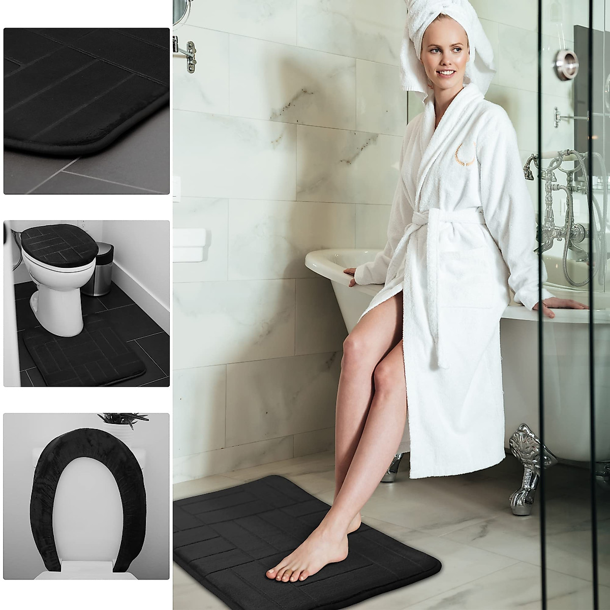 Effiliv Bathroom Rug Set 5 Piece - Memory Foam Bathroom Mat Set, Soft and Comfortable, Non-Slip Thick Absorbent Bath Mats, Machine Washable, Black