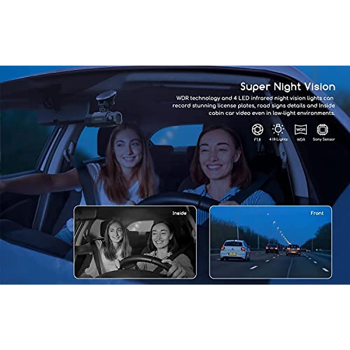 Dual Dash Cam with Built-in GPS, COOAU 1080P Front and Inside WiFi Dash Camera for Cars, Sony Sensor, Supercapacitor, 4 IR Night Vision, G-Sensor, Loop-Recording & Parking Mode (D20)