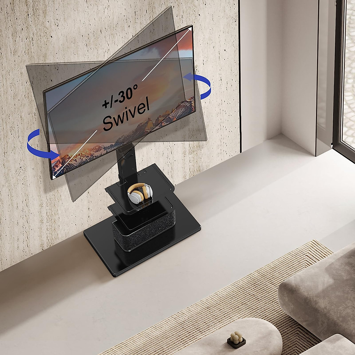 YOMT Floor TV Stand with Sturdy Wood Base, Tall Universal TV Stand with Mount for Most 32-75 inch TVs up to 110 lbs, Height Adjustable TV Stand with Swivel, TV Mount Stand with Media Shelves, Black