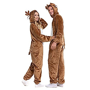 HSCTEK Reindeer Onesie Adult, Christmas Onesie Pajamas Women Men, Family Deer Costume Teen XX-Large