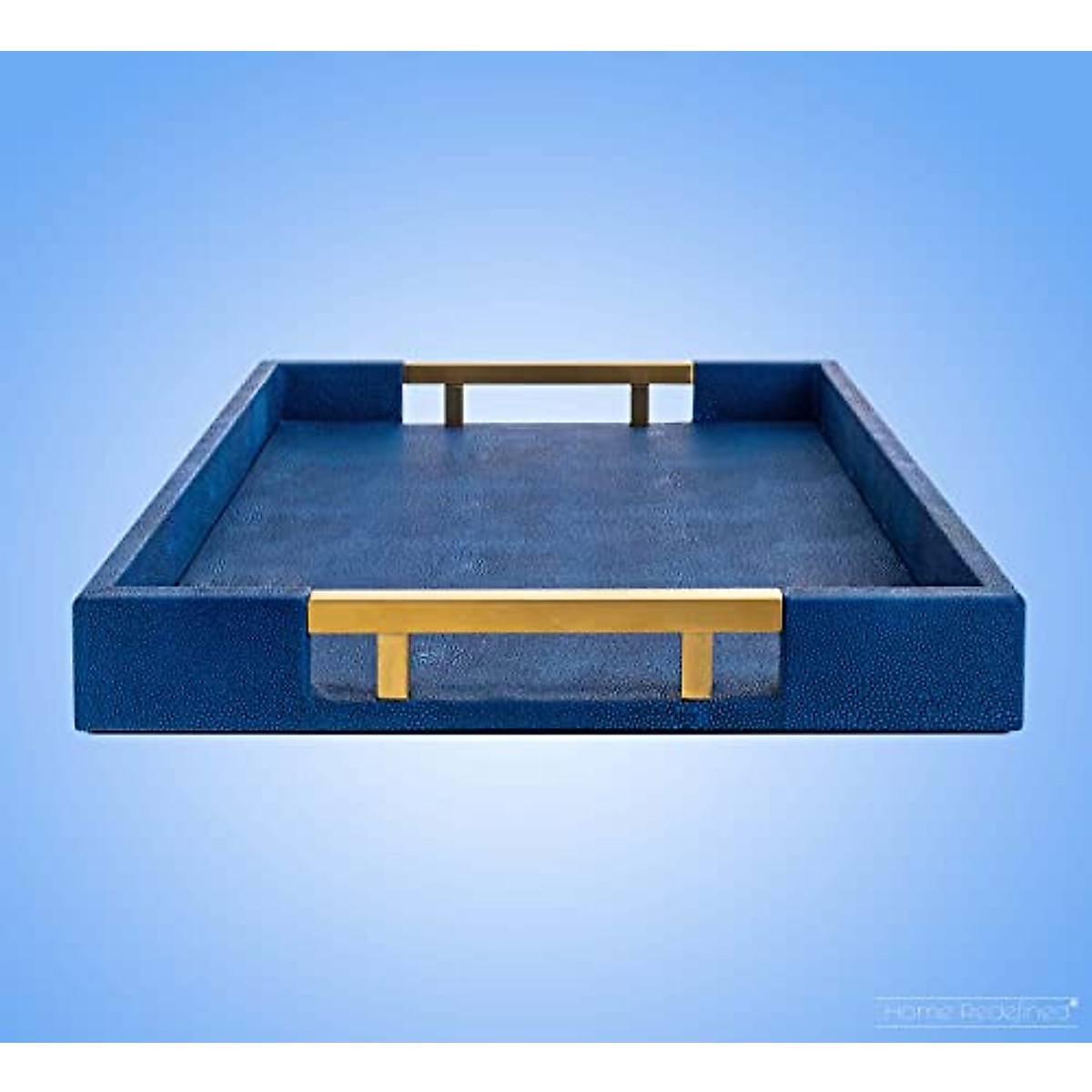 Home Redefined Modern Elegant 18”x12” Rectangle Navy Blue Rectangle Shagreen Decorative Ottoman Coffee Table Perfume Living Room Kitchen Serving Tray with Brass Gold Metal Handles for All Occasion's