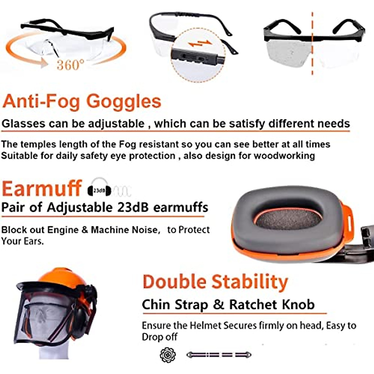 Chainsaw Helmet with Safety Face Shield and Ear Muffs, Helmet for Chainsaw Use, Safety Helmet Removable Anti-Fog Goggles by SUNHOO