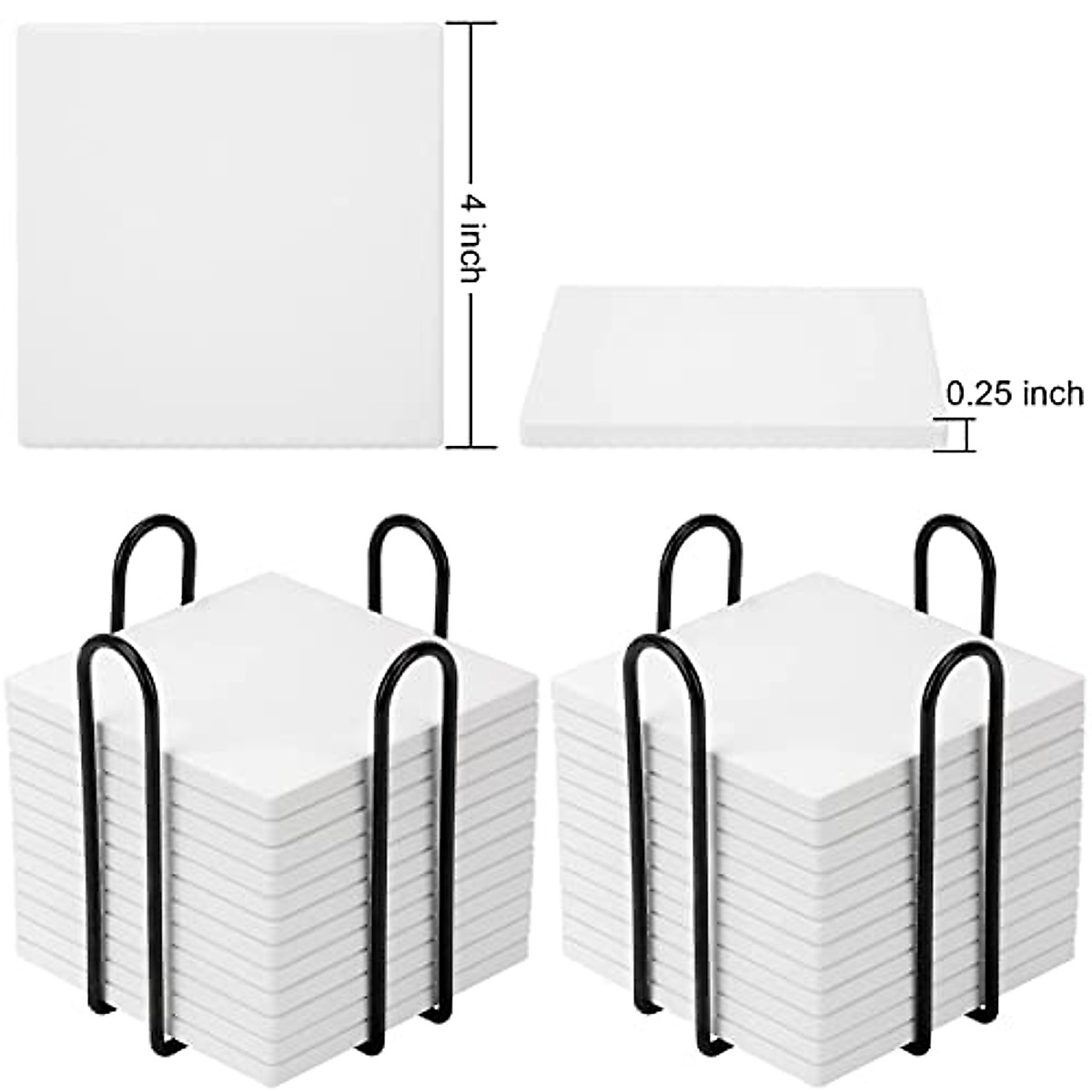 24 Pack Ceramic Tiles for Crafts Coasters with 2 Holder,White Unglazed Ceramic Tiles with Cork Backing Pads, Use with Alcohol Ink or Acrylic Pouring Make Your Own DIY Coasters (Square)