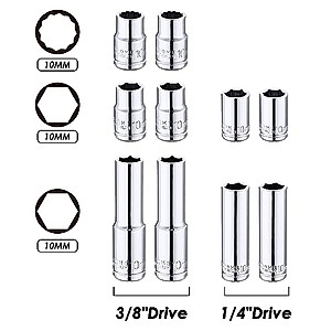 MIXPOWER 10PCS 1/4"& 3/8" Drive 10mm Deep&Shallow Socket, CR-V, Metric, Mirror Finish, 6 Point&12 Point