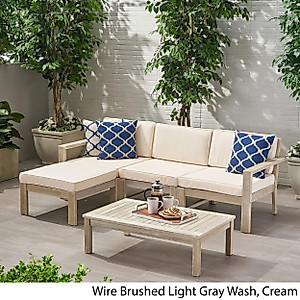 GDFStudio Outdoor 3 Seater Acacia Wood Sofa Sectional with Cushions (Wire Brushed Light Gray Wash, Cream)