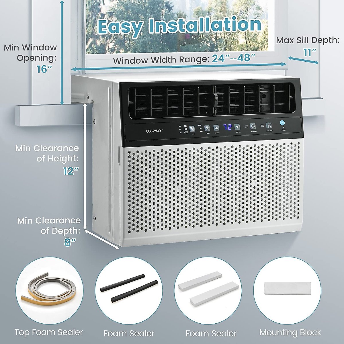 COSTWAY 10000 BTU Window Air Conditioner, Over the Sill AC with Energy Saver Modes, Handy Remote, Touchable LED Control Panel, up to 250 Sq.Ft. Window AC Unit, Ultra Quiet Operation