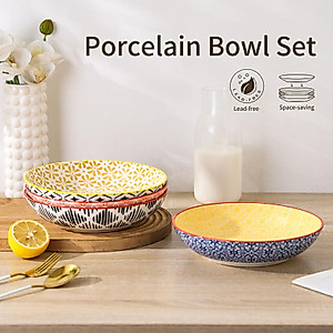 KOLLOV Pasta Bowls, 33oz Large Salad Bowl, Stoneware Serving Bowl Plates Set of 4 for kitchen, 8.5" Wide Bowl Dishes for Pasta, Soup, Fruit, Microwave Safe