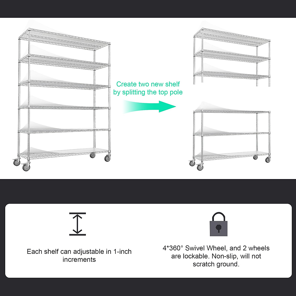 Dolonm 6-Tier Storage Shelves Wire Shelving Unit, 6000 LBS NSF Height Adjustable Shelves Organizer with Wheels, 18"L x 60"W x 87.5"H, Heavy Duty Garage Shelving for Restaurant, Office, Kitchen, Chrome