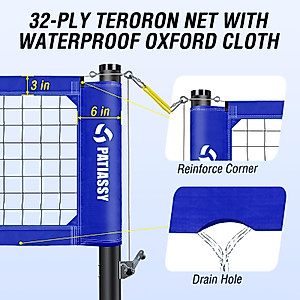 Patiassy Heavy Duty Portable Outdoor Volleyball Net with Steel Wire Rope and 2 Inch Boundary Professional Volleyball Set for Backyard with Adjustable Aluminum Poles, 10mm Guy Lines and Winch System