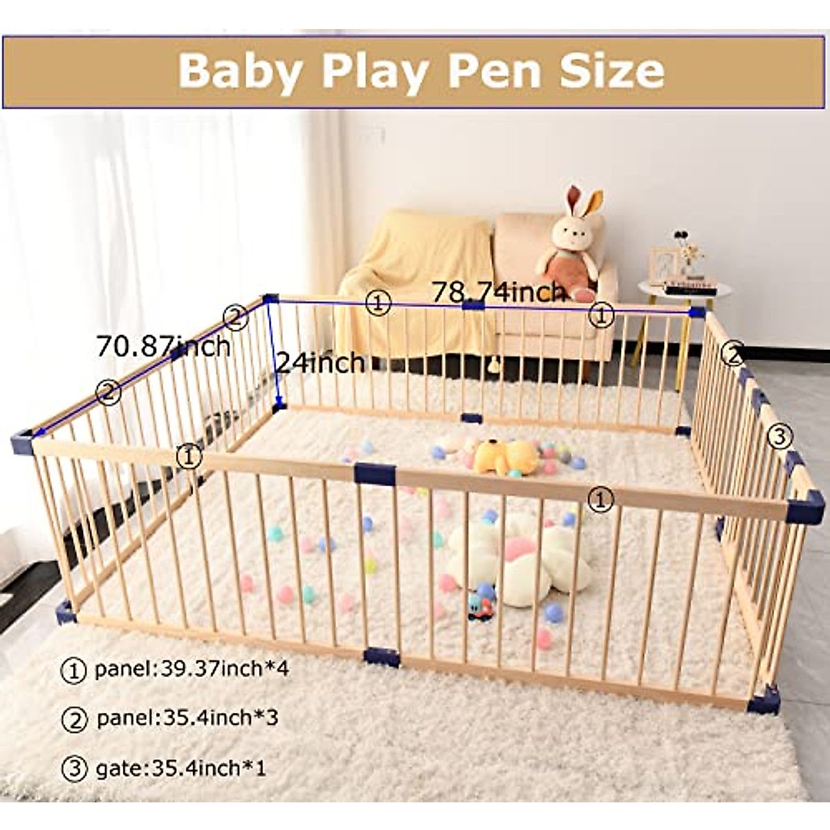 Largest Baby Gate Playpen, Kids Play Fence with Door, Play Area Indoor Kids,Safety Activity Center Playard w/Locking Gate Outdoor,Without Mat（Natural Wood,71”×79”）