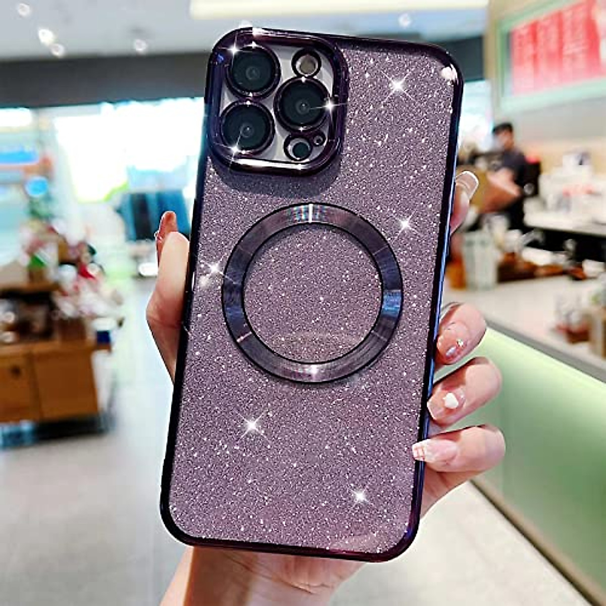 Eiyikof iPhone 12 Pro Max Magnetic Case, Luxury Glitter Bling Clear TPU Cover with Camera Lens Protector - Purple