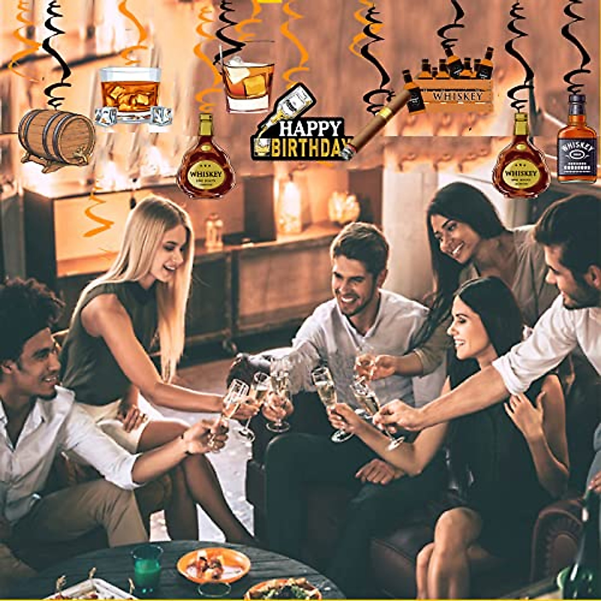 UOMNICUE Whiskey Swirls Happy Birthday Party Decorations for Men, Perfection Party Supplies Whiskey Party Hanging Swirls Ceiling Streamers for 30th 40th 50th Birthday Decorations Cheers Party