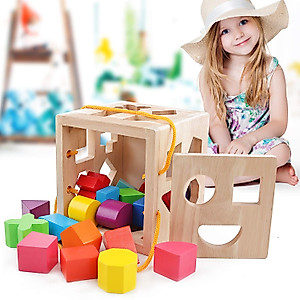QZMTOY Shape Sorter Toys with 19 Shape Blocks,Shape Sorting Cube Toy Box Classic Wooden Toys for Toddlers Kids,Gift for Girls Boys 2-4(Natural Solid Wood)