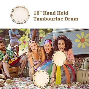 an-do-er 10" Hand Held Tambourine Drum Bell Birch Metal Jingles Percussion Musical Educational Toy Instrument for KTV Party Kids Games