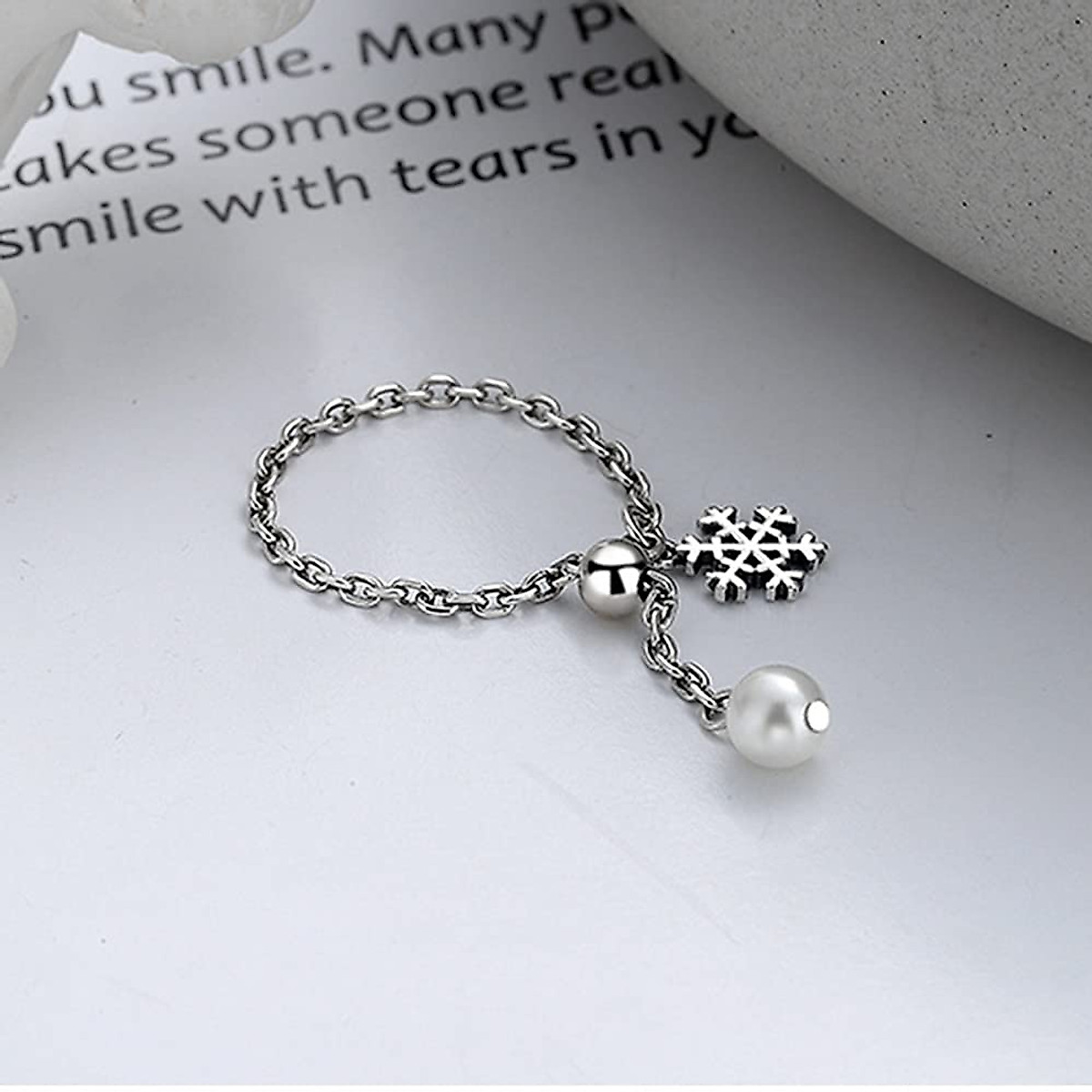NewZenro Snowflake Pearl Flower Chain Tassel Dangle Statement Stacking Adjustable Sterling Silver Rings for Women Dainty Threader Finger Ball Bead Band Ring Gifts Xmas Daughter Bff