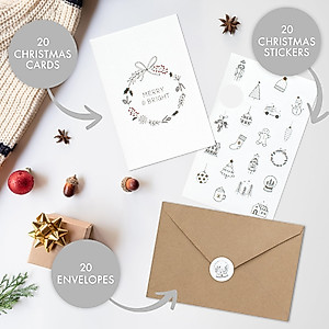 ZICOTO Beautiful Doodle Christmas Cards Set of 20 - Incl. Bulk Envelopes, Matching Stickers And Storage Box - Perfect to Send Warm Holiday Wishes to Friends and Family