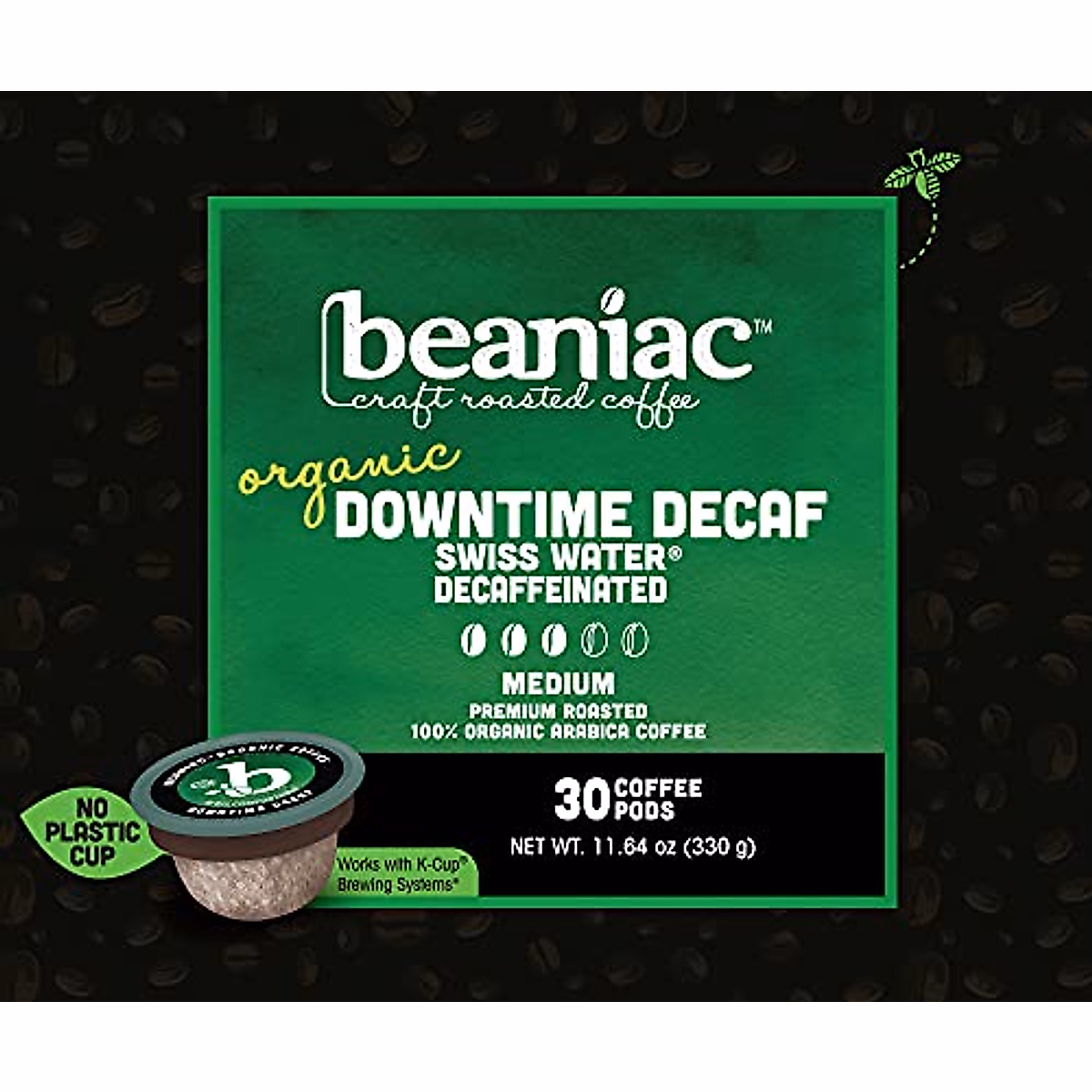 beaniac Organic Downtime Decaf Swiss Water Decaffeinated, Medium Roast, Single Serve Compostable K Cup Coffee Pods, Organic Arabica Coffee, Keurig Brewer Compatible, 30 Count