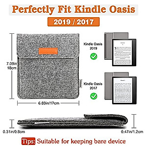 MoKo Sleeve Compatible with Kindle Oasis 2019/2017, Protective Felt Accessories Cover Case Pouch Bag with Dual Pockets Fits 7 Inch Kindle Oasis E-Reader, Light Gray