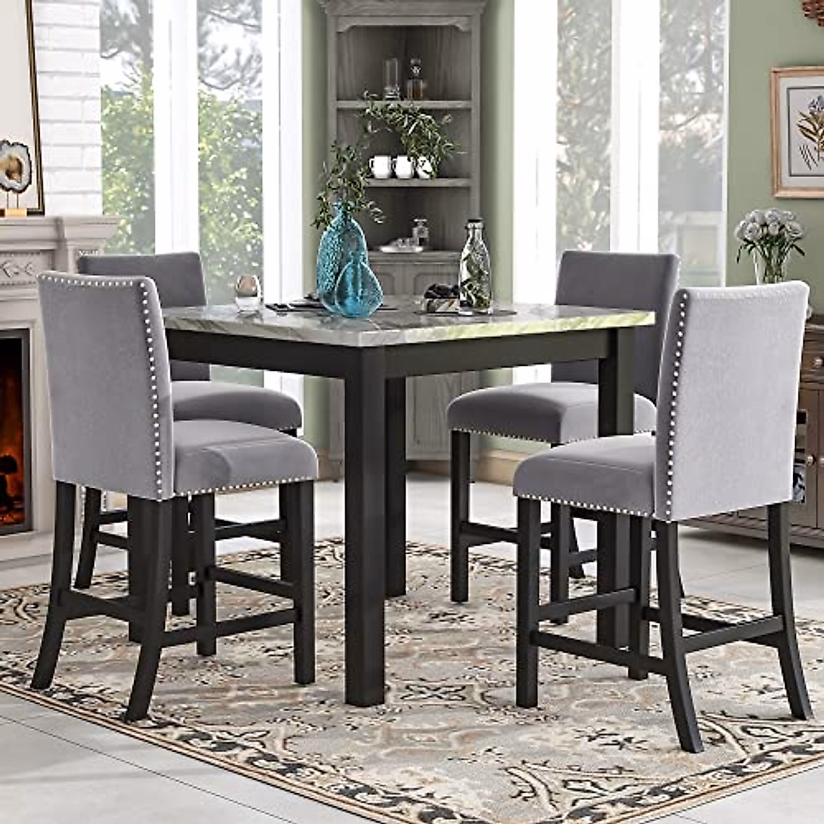 Dining Table Set of 5, Kitchen Chairs Table Set with 1 Faux Marble Dining Rectangular Table & 4 Velvet Upholstered-Seat Dining Chairs, Counter Height Chairs Table Set for Dinette Living Room, Gray