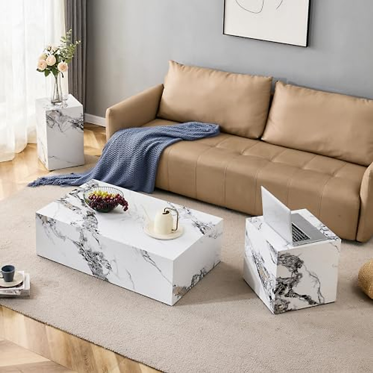 Maotifeys White Marble Coffee Table for Living Room Rectangular Faux Marble Center Table Modern Elegant Wooden Cocktail Table for Home Office -Fully Assembled