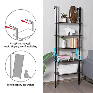 Tangkula 5-Shelf Bookcase, Modern 5-Tier Wood Wall Mounted Ladder Bookshelf with Metal Frame, 72 Inches Tall Industrial Open Ladder Shelf Display Rack Storage Shelves for Home Office (Dark-Brown, 1)