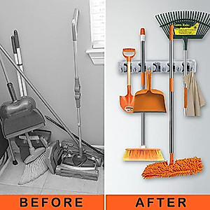 Comfecto New Version 4pcs Self Adhesive Broom Holder with Gripper and 2 Hooks, Damage Free Broom Mop Holder, No Drill Anti-Slip Wall Mount Broom Gripper Organizer for Bathroom Kitchen Garden Garage