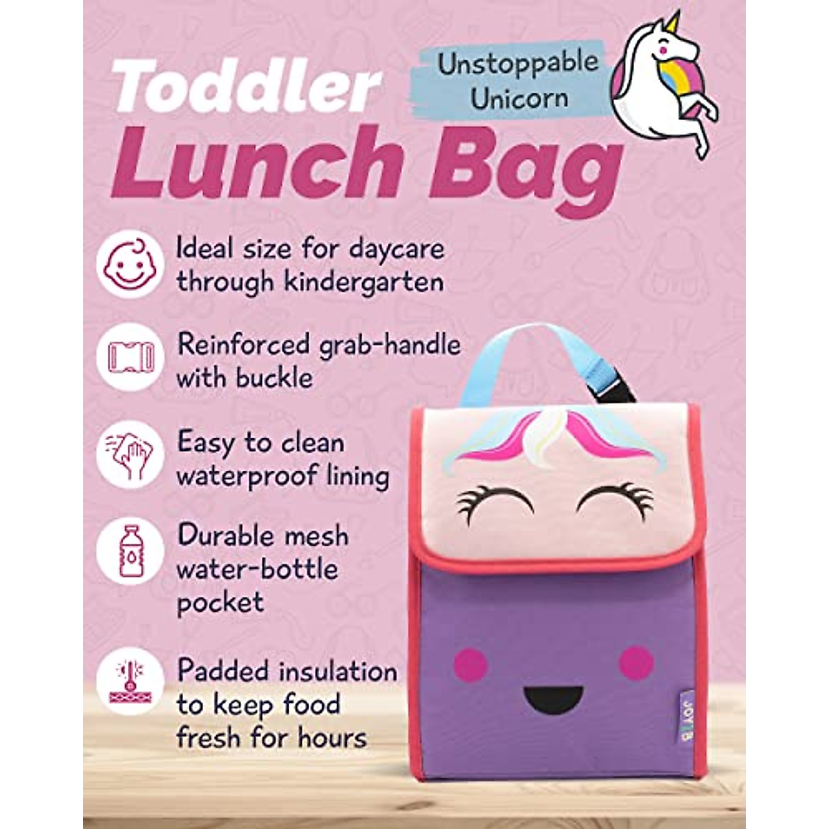 JOY2B Kids Lunch Bag - Insulated Unicorn Lunch Bag Kids with Water Bottle Holder - Reusable Snack Bags for Boys and Girls, Lunch Box Kids Perfect for School Camp Travel - Unstoppable Unicorn