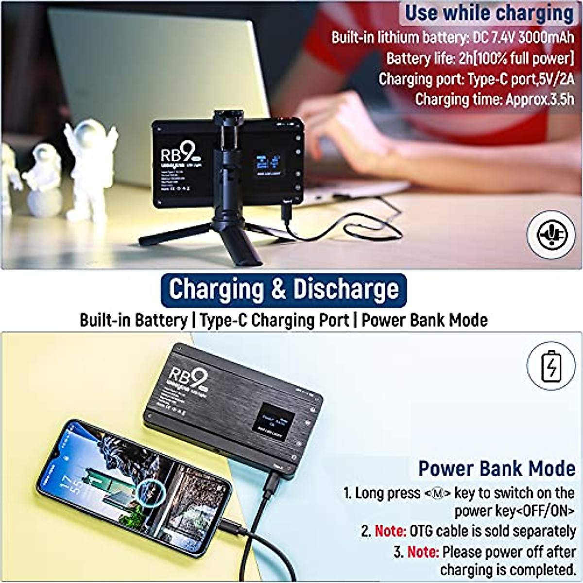 Weeylite RB9 RGB Camera Video Light, App Control 12W Rechargeable LED On Camera Light for RGB Photography Lighting, Portable LED Video Light Panel for DSLR Camcorder TikTok/Twitch Video Recording