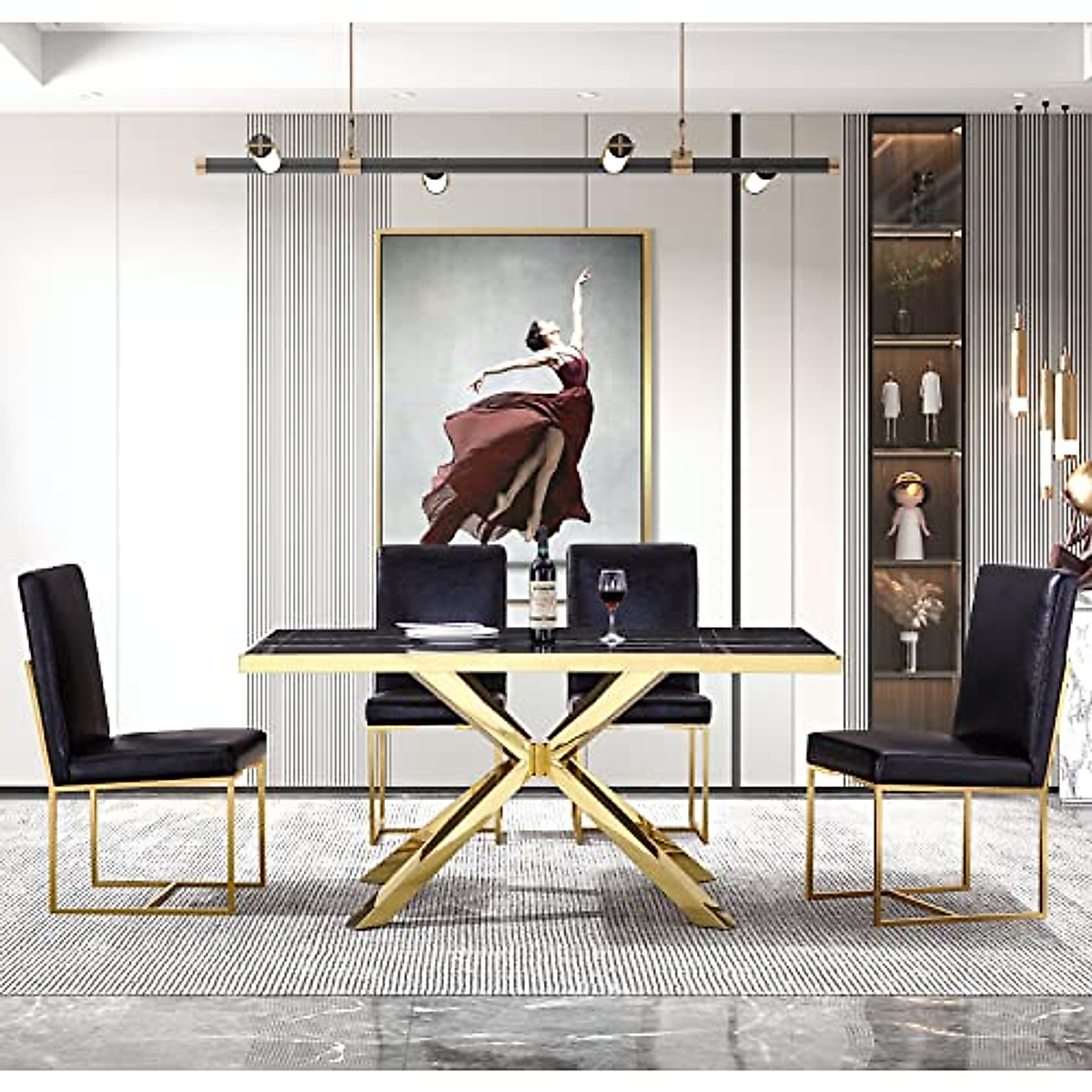 AZhome 63 inches Rectangular Dining Table, Modern Dining Room Table with Gold Stainless Steel Metal X-Base in Black Gold