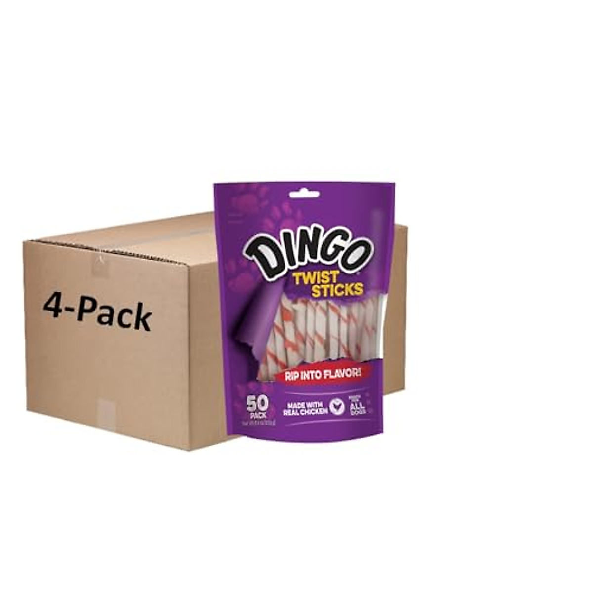 Dingo Twist Sticks 200 Count, Rawhide for Dogs, Made with Real Chicken, 50 Count (4 Packs of 50 Count)