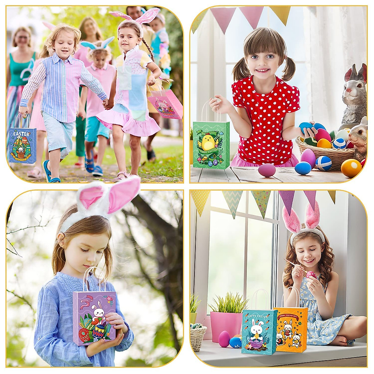 KINQKESO 24 PCS Easter Gift Bags,Easter Bags with Handles for Easter Egg Hunt,Easter Treat Bags with Happy Easter Eggs Bunny Designs for Kids Easter Party Favor Supplies