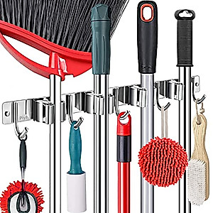 Piyl Broom Holder Wall Mount Garden Tool Organizer,Mop Hanger Wall Mounted Garage Storage,Kitchen,Laundry Utility Rack With 4 Racks and 5 Hooks - Metal Wall Holder For Broom, Rake,Mop Handles Up To 3/4”