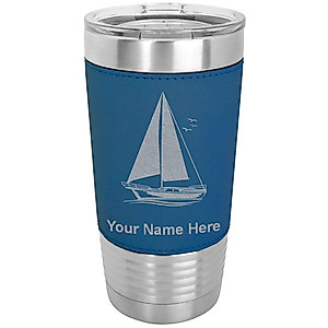 LaserGram 20oz Vacuum Insulated Tumbler Mug, Sailboat, Personalized Engraving Included (Faux Leather, Blue)