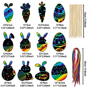 GOMANCHE 48 Pcs Easter Scratch Crafts for Kids, Rabbit Bunny Carrot Easter Egg Rainbow Scratch Paper Ornaments with Wooden Stick and Ribbon for Easter Party Favors