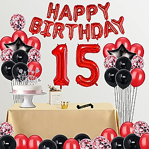 Fancypartyshop 15TH Birthday Party Decorations Supplies Red Black Later Balloons Happy Birthday Cake Topper Sash Foil Black Curtains Foil Star Balloons Number Red 15