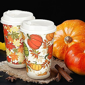 Fulmoon 60 Pack Thanksgiving 16 oz Disposable Coffee Cups Set Fall Paper Cups with Lids Autumn Party Decoration for Hot Cold Drinks, Tea, Hot Chocolate, Hot Cocoa, Holiday Party Supplies