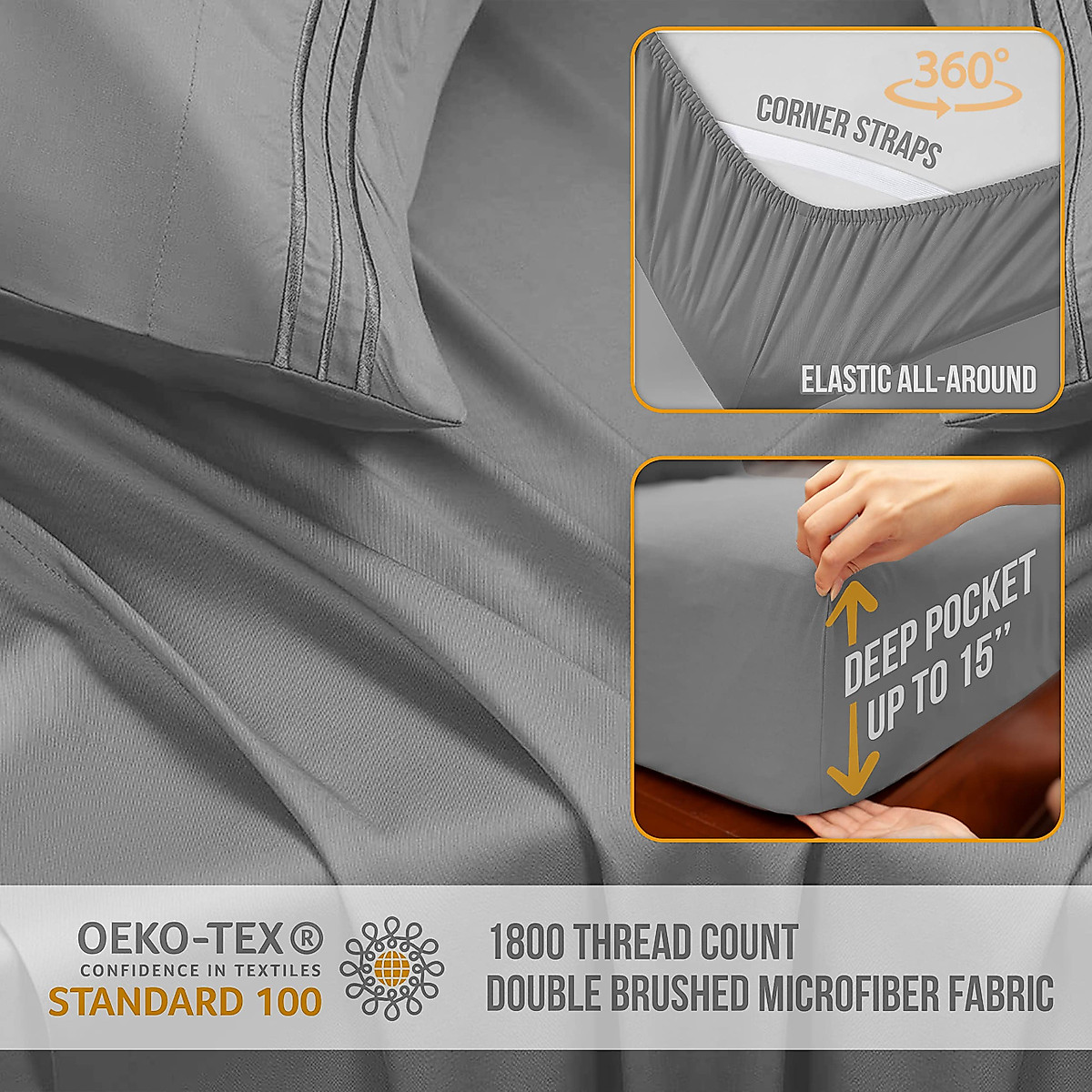 Abeero Home Full Size Bed Sheets Cooling - Luxury Hotel Sheet Set - Soft Sheet with Elastic Corner Strap - Deep Pocket Microfiber Bedsheet - Bedding Sheet & Pillowcases -4 PC (Full Size, Light Gray)