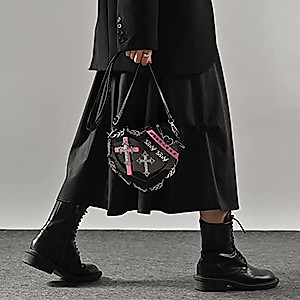 Ftchangfang Gothic Punk purse bag Y2K Heart Cute Lolita shoulder bag for women (Black)