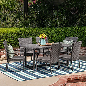 Christopher Knight Home Liam Outdoor 7 Piece Wicker Dining Set, Grey