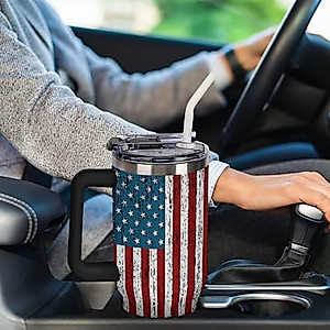 100% BLUE COLLAR 40 oz Water Bottle with Handle and Straw, Cool American Flag Large Capacity Leak Resistant Tumbler -Fits in Cup Holder for Travel, Work