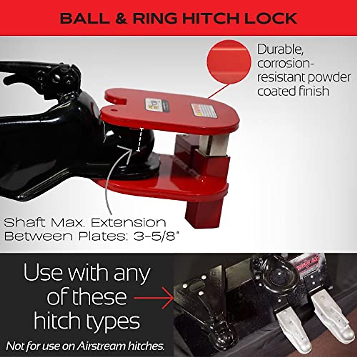 Equipment Lock BRHL - Steel Ball and Ring Hitch Lock - Durable, Secure Trailer Hitch Lock - Trailer Accessories - Electro-Plated and Powder Coated Finish - Red