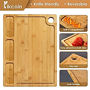 Bamboo Cutting Boards for Kitchen, (Set of 3) Kitchen Chopping Board with 3 Built-In Compartments and Juice Groove Heavy Duty Serving Tray Wood Butcher Block and Wooden Carving Board with Hole