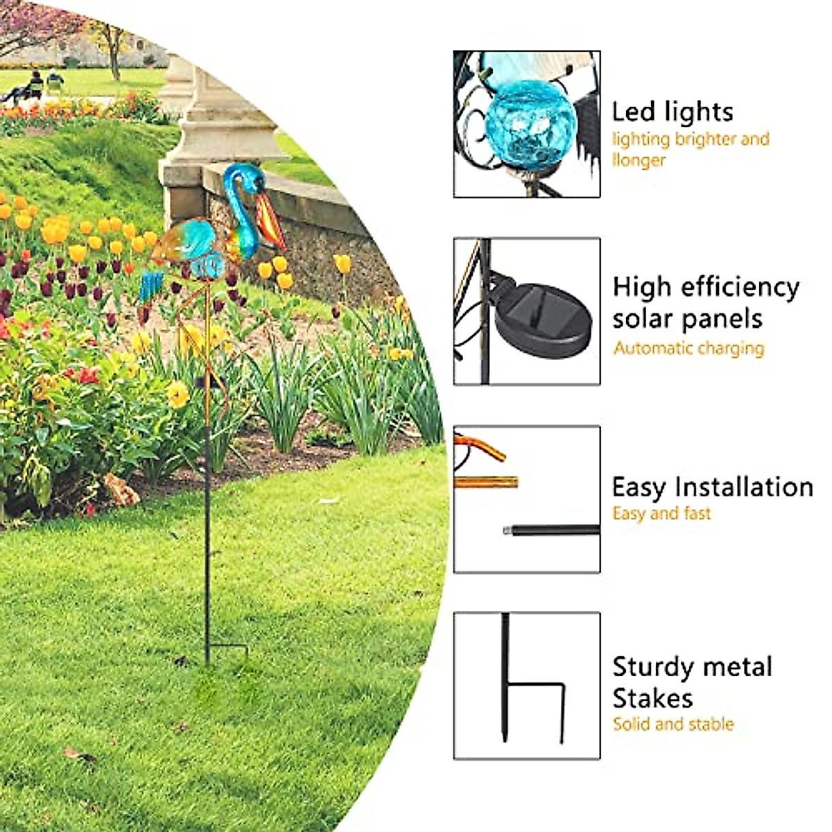 Asense Garden Solar Lights Pathway Stake Outdoor Metal Sculpture Art Decor, Solar Powered LED Lights for Lawn Patio Courtyard, Blue Flamingo with Crackle Glass Ball