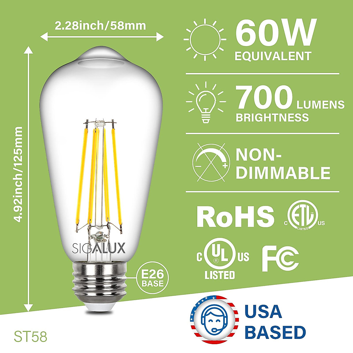 Sigalux Edison Bulbs, E26 LED Bulb ST58 Filament Clear Non-Dimmable Vintage Light Bulbs 60W Equivalent 700LM Daylight White 5000K 15, 000hrs 6 Pack