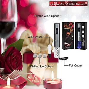Wine Opener Electric Gift Set, Whiskey Stone Wine Lover Gifts with Wine Accessories of Automatic Corkscrew, Metal Ice Cube, Wine Pourer, Foil Cutter 4-in-1 set