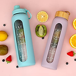 Sursip 32oz Glass Water Bottle with Time Marker and 2 Lids-Spout Lid/Bamboo Lid，Reusable motivational Glass Water Drinking Bottles with Silicone Sleeve/Ice Tray/Fruit box，Leak Proof BPA Free