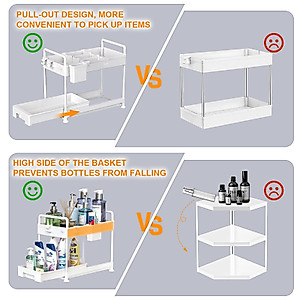 Vantency 2 Pack Under Sink Organizer, 2 Tier Sliding Under Kitchen Cabinet Storage Drawer with Hooks, Hanging Cup, Dividers, Handles and Anti-Slip Foot Mats (2PC-White)