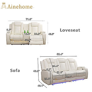 A Ainehome Power Leather Recliner Sofa Set with LED Lights, Recliner Sofa Sectional Couches for Living Room, Reclining Sofa and loveseat with USB Port/Storage Console(Creamy White,Sofa+loveseat)